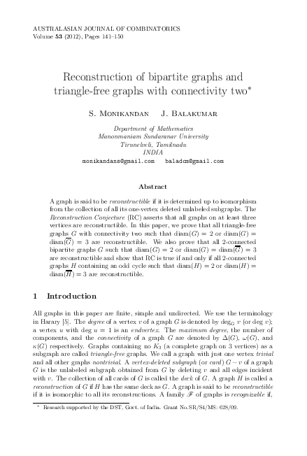 (PDF) Reconstruction of bipartite graphs and triangle-free graphs with connectivity two | S ...