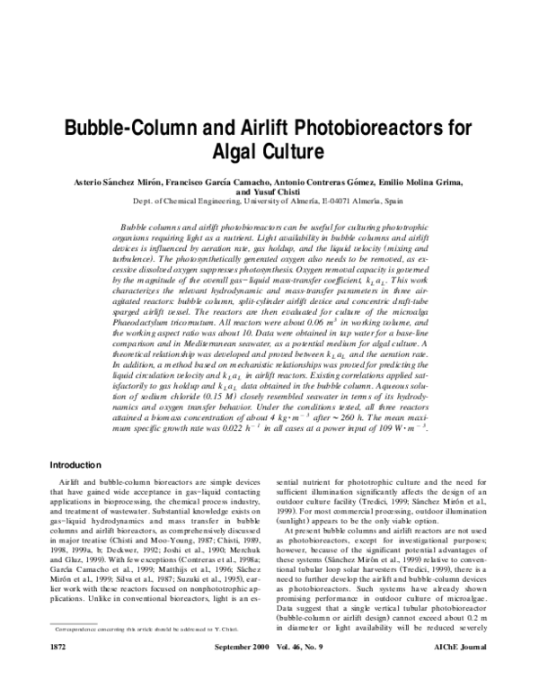 (PDF) Bubble‐column and airlift photobioreactors for algal culture