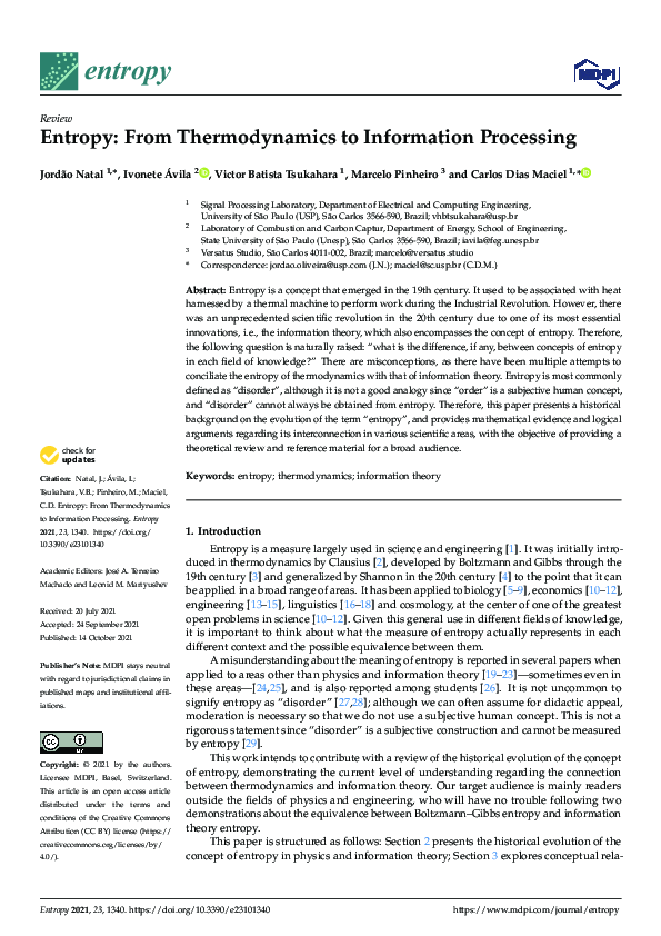 (PDF) Entropy: From Thermodynamics to Information Processing