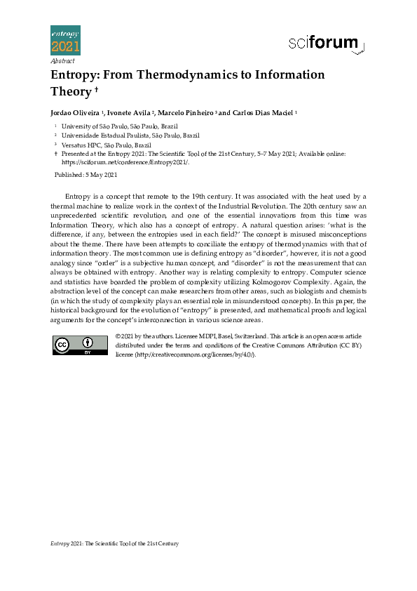 (PDF) Entropy: from Thermodynamics to Information Theory