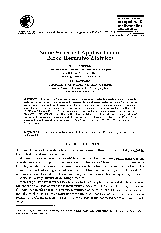 (PDF) Some practical applications of block recursive matrices