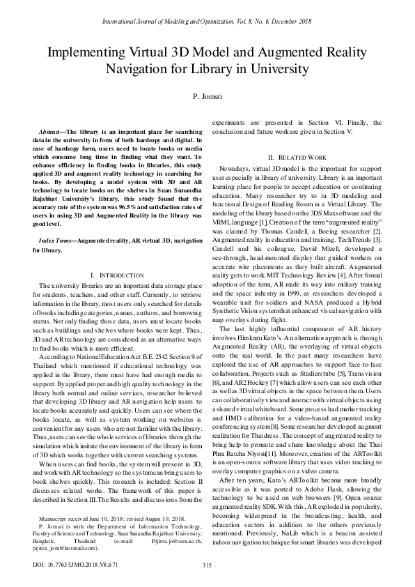 (PDF) Implementing Virtual 3D Model and Augmented Reality Navigation for Library in University