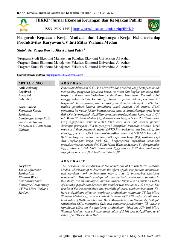 (PDF) Pengaruh Kepuasan Kerja, Motivasi Dan Lingkungan Kerja Fisik ...