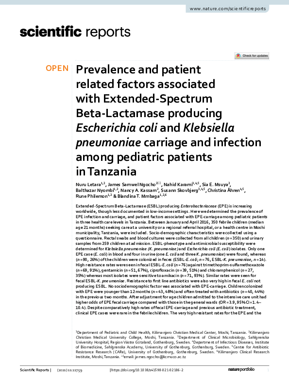 (PDF) Prevalence and patient related factors associated with Extended-Spectrum Beta-Lactamase ...