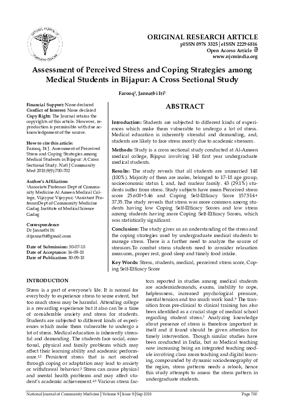 (PDF) Assessment of Perceived Stress and Coping Strategies among Medical Students in Bijapur: A ...