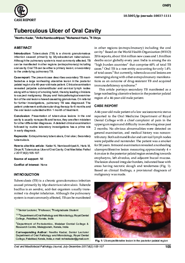 (PDF) Tuberculous Ulcer of Oral Cavity