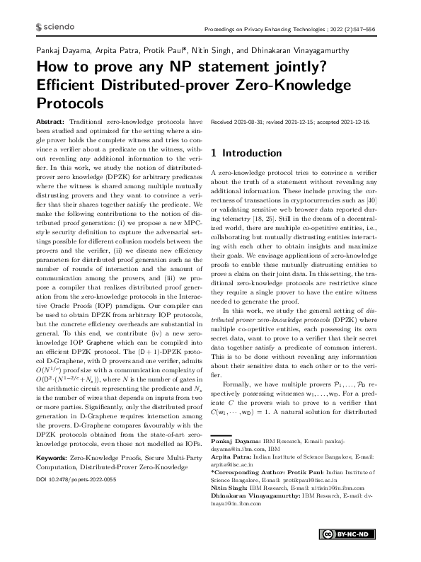 Pdf How To Prove Any Np Statement Jointly Efficient Distributed Prover Zero Knowledge Protocols