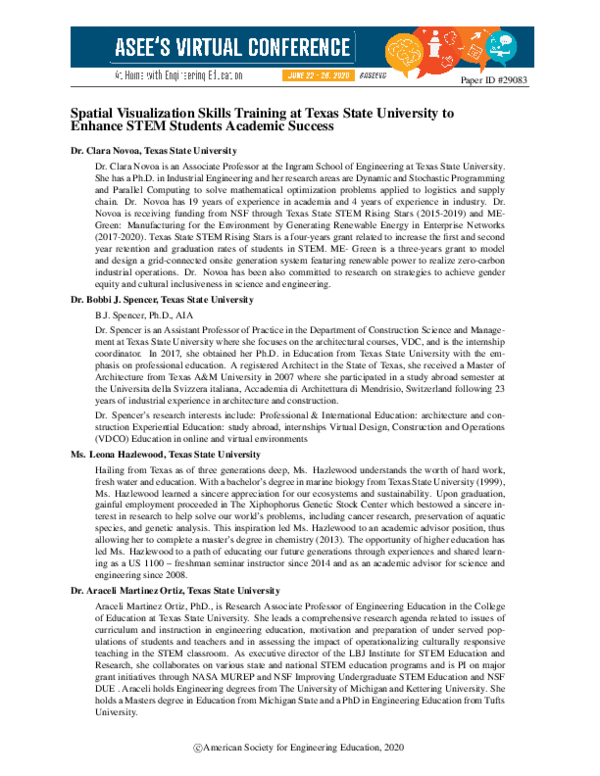 (PDF) Spatial Visualization Skills Training at Texas State University to Enhance STEM Students ...