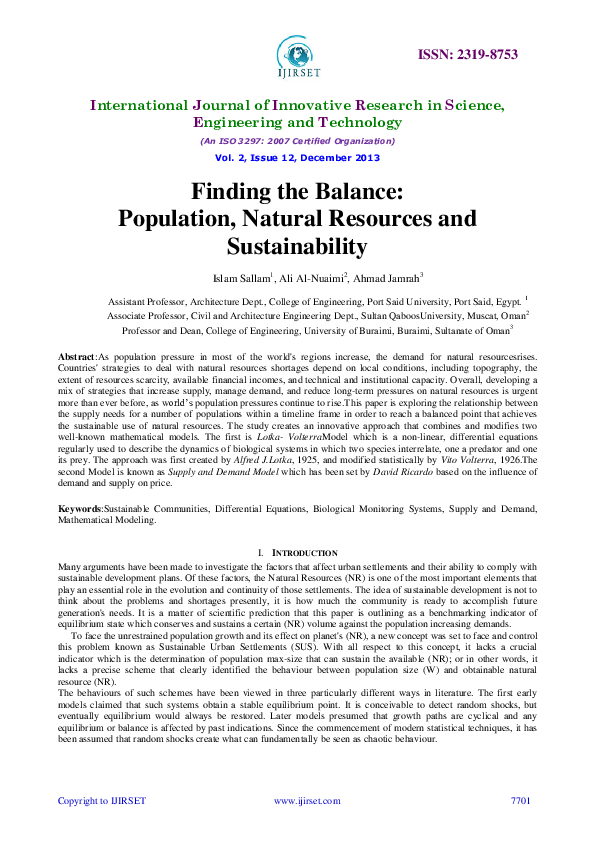 (PDF) Finding the Balance: Population, Natural Resources and Sustainability