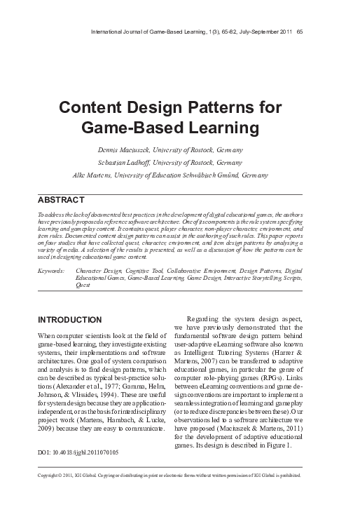 (PDF) Content Design Patterns for Game-Based Learning