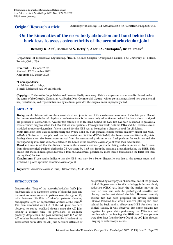 (PDF) On the kinematics of the cross body abduction and hand behind the ...