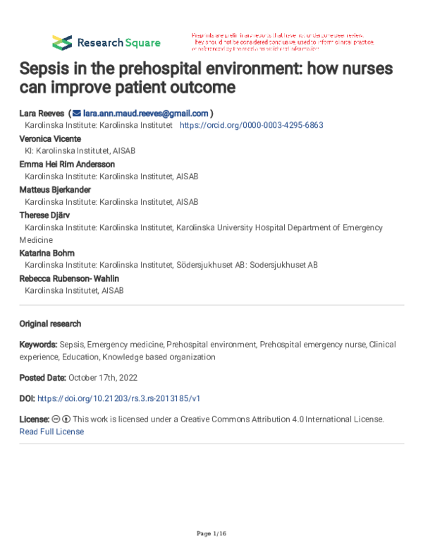 (PDF) Sepsis in the prehospital environment: how nurses can improve ...