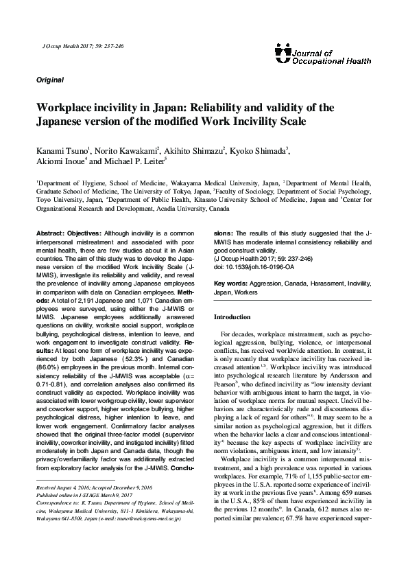 (PDF) Workplace incivility in Japan: Reliability and validity of the ...