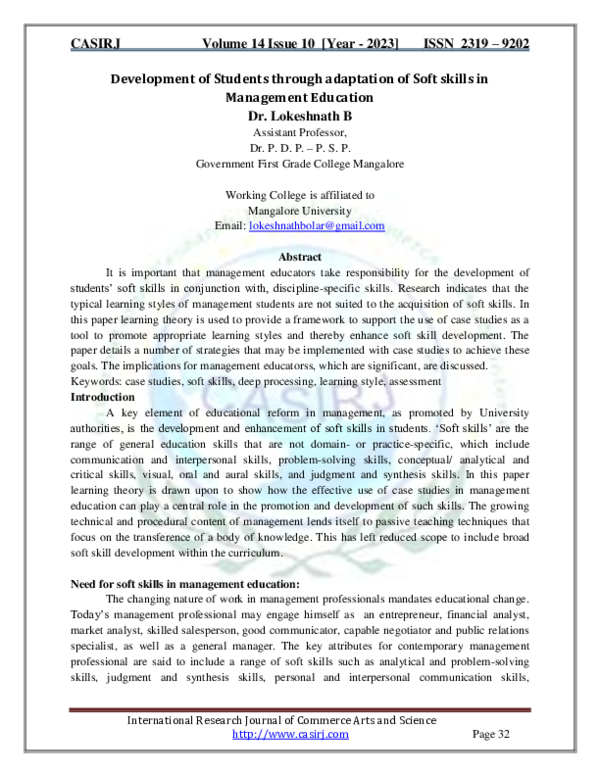 (PDF) Development of Students through adaptation of Soft skills in ...