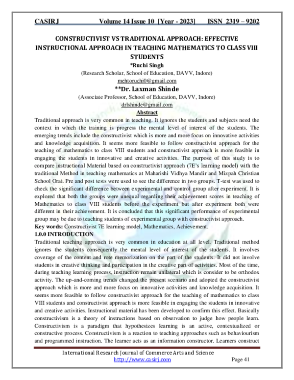 Pdf Constructivist Vs Traditional Approach Effective Instructional Approach In Teaching