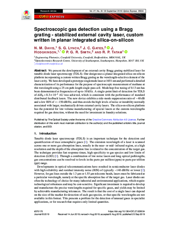 (PDF) Spectroscopic gas detection using a Bragg grating - stabilized external cavity laser ...