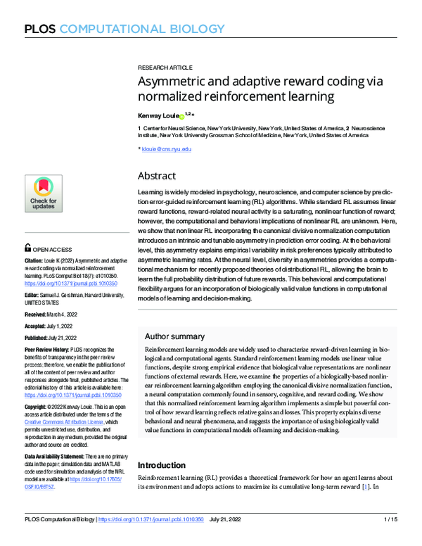 (PDF) Asymmetric and adaptive reward coding via normalized reinforcement learning