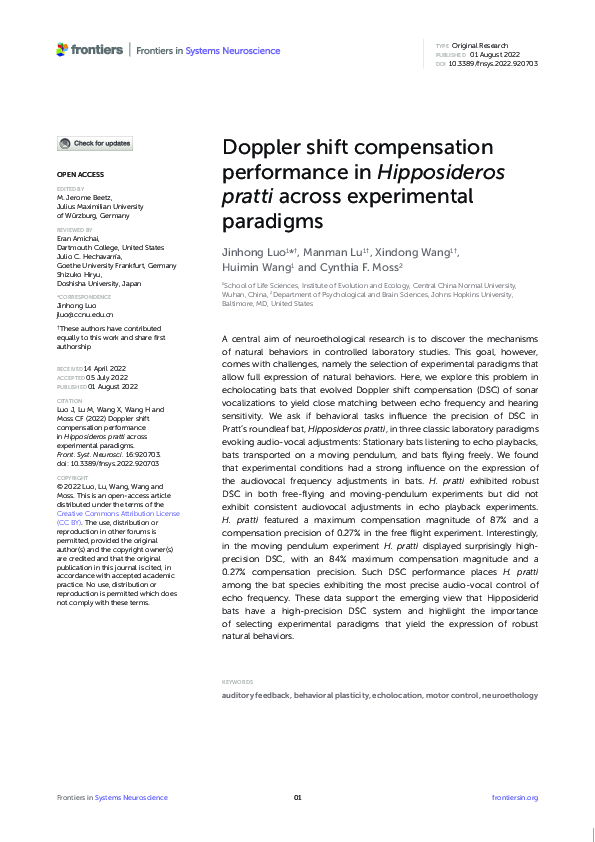 (PDF) Doppler shift compensation performance in Hipposideros pratti across experimental paradigms