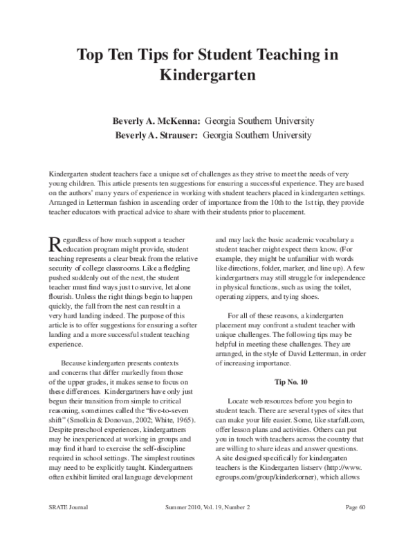 (PDF) Top Ten Tips for Student Teaching in Kindergarten