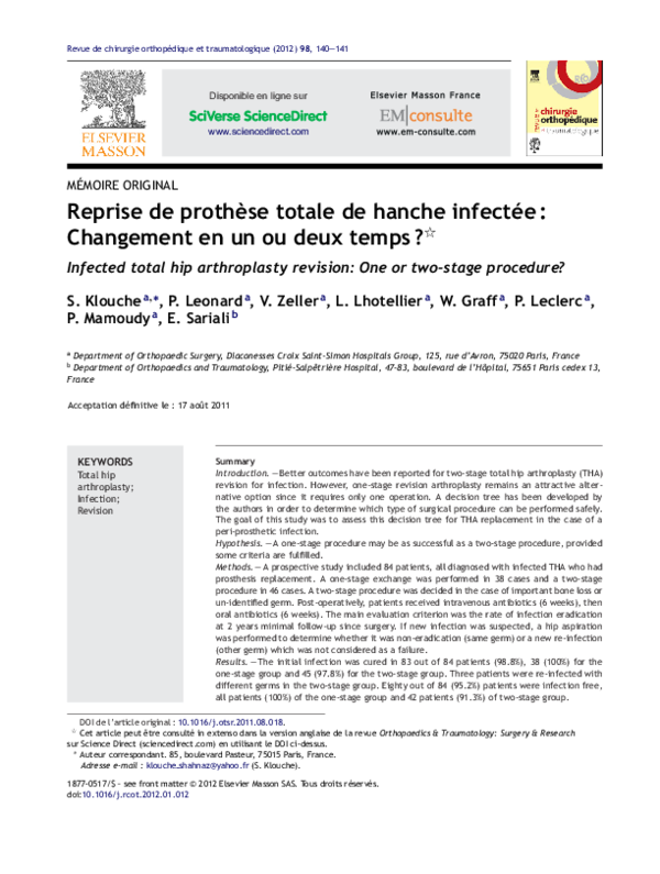 (PDF) Reprise de prothèse totale de hanche infectée : Changement en un ...