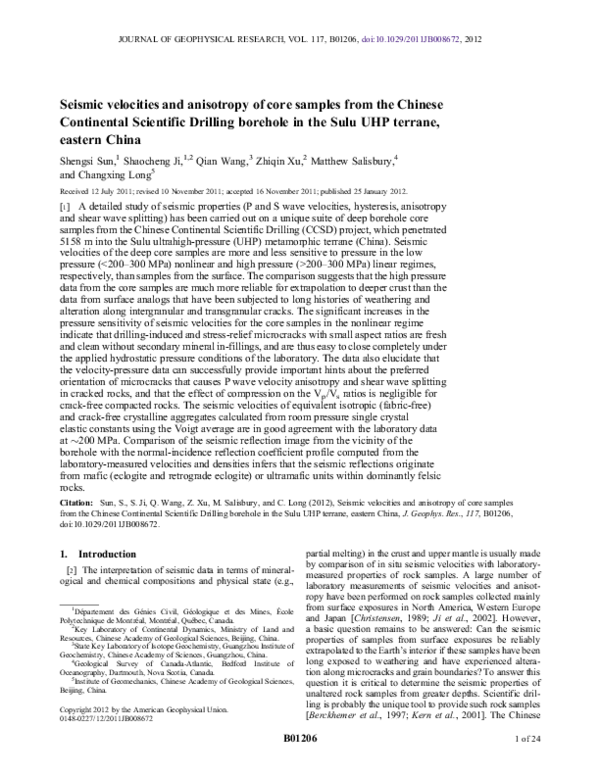 (PDF) Seismic velocities and anisotropy of core samples from the ...