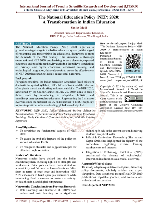 (PDF) The National Education Policy (NEP) 2020: A Transformation in ...