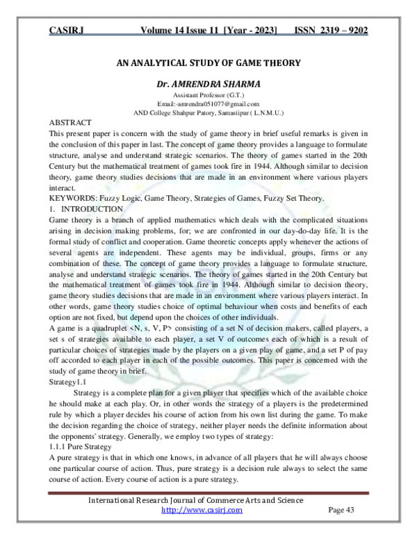 (PDF) AN ANALYTICAL STUDY OF GAME THEORY