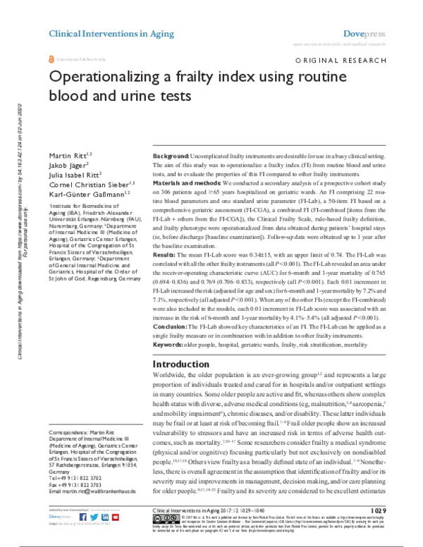 (PDF) Operationalizing a frailty index using routine blood and urine tests