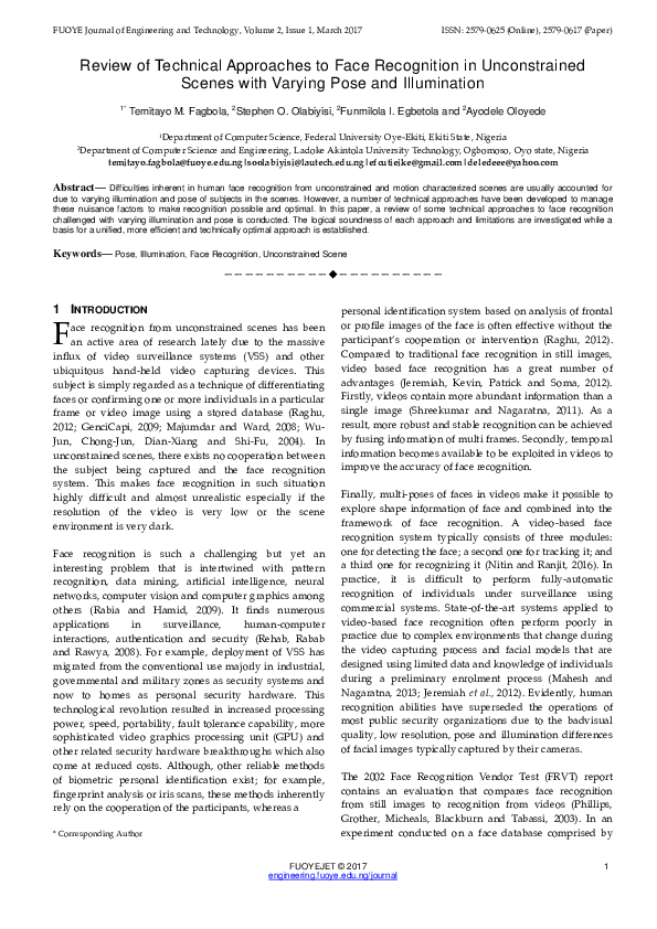 Pdf Review Of Technical Approaches To Face Recognition With Varying