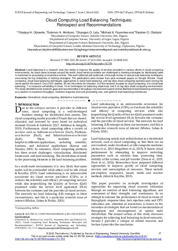 (PDF) Cloud Computing Load Balancing Techniques: Retrospect and Recommendations