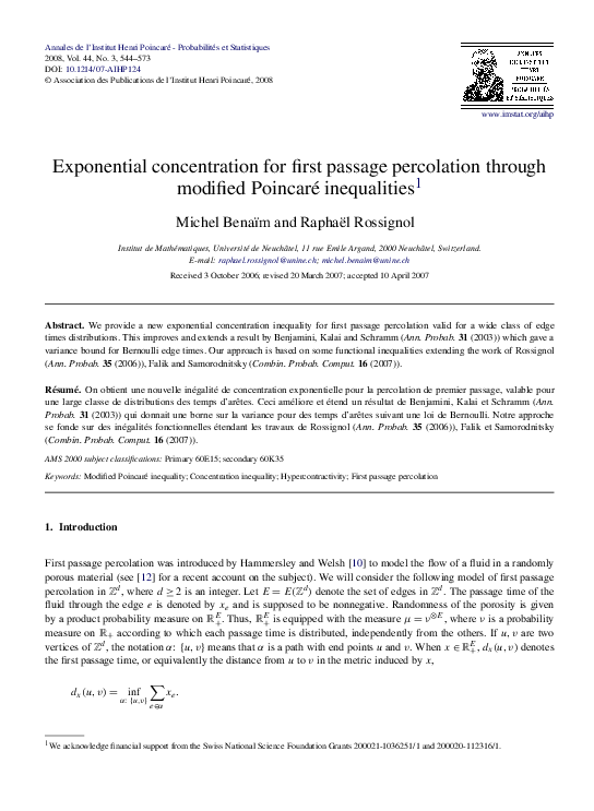 (PDF) Exponential concentration for first passage percolation through ...