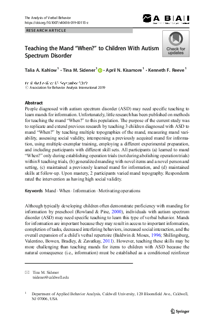 (PDF) Teaching the Mand “When?” to Children With Autism Spectrum Disorder