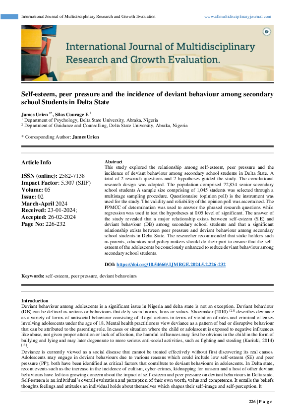 (PDF) Self-esteem, peer pressure and the incidence of deviant behaviour ...