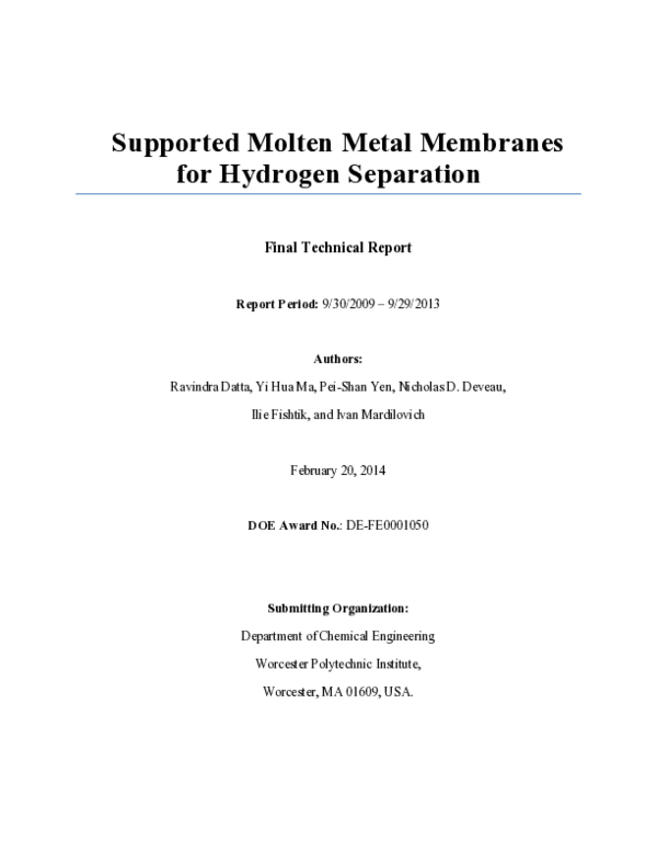 (PDF) Supported Molten Metal Membranes for Hydrogen Separation