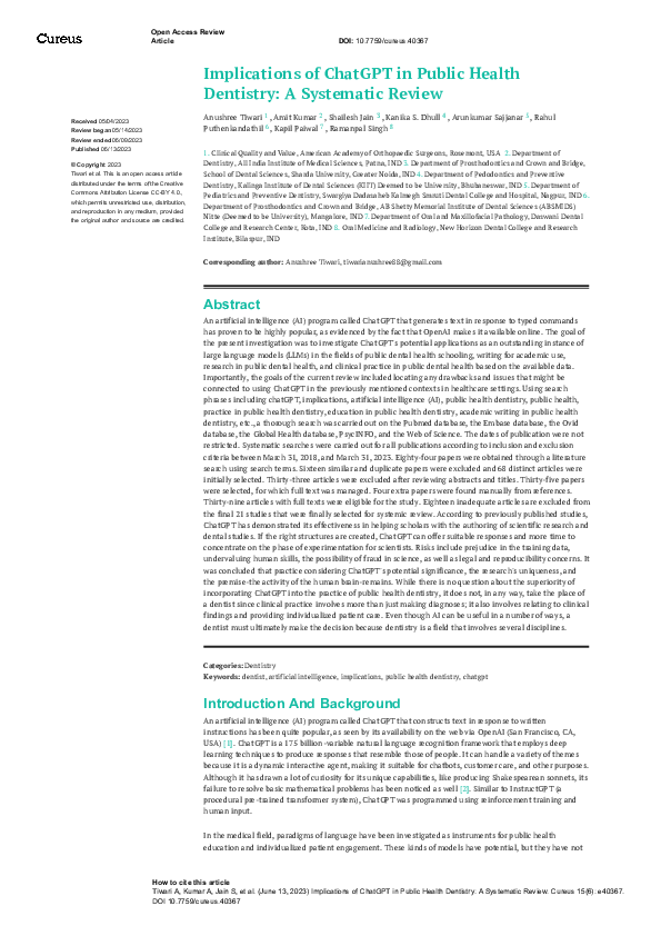 (PDF) Implications of ChatGPT in Public Health Dentistry: A Systematic Review