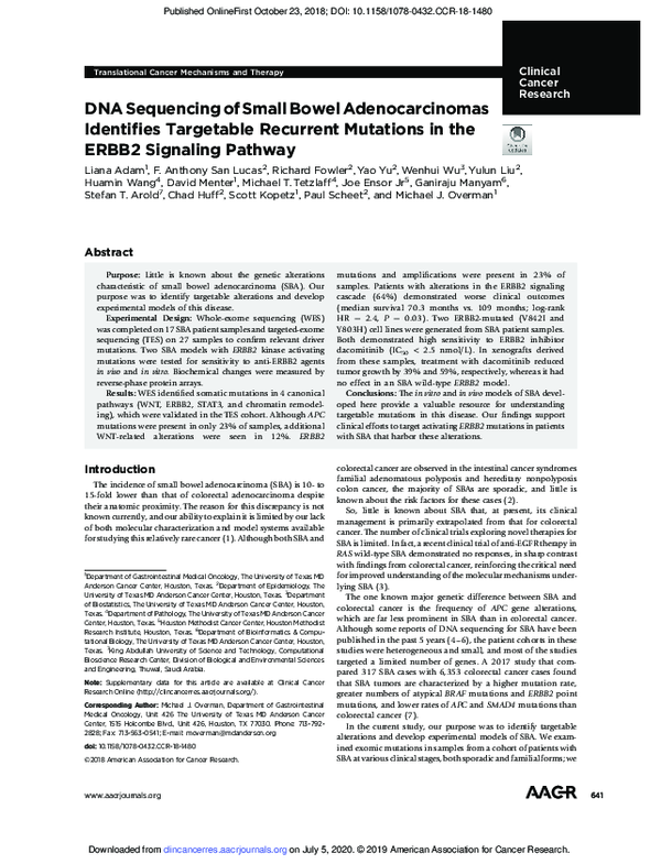 (PDF) Data from DNA Sequencing of Small Bowel Adenocarcinomas Identifies Targetable Recurrent ...
