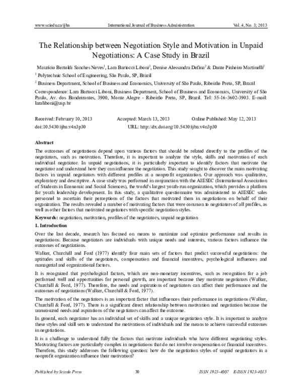 (PDF) The Relationship between Negotiation Style and Motivation in ...