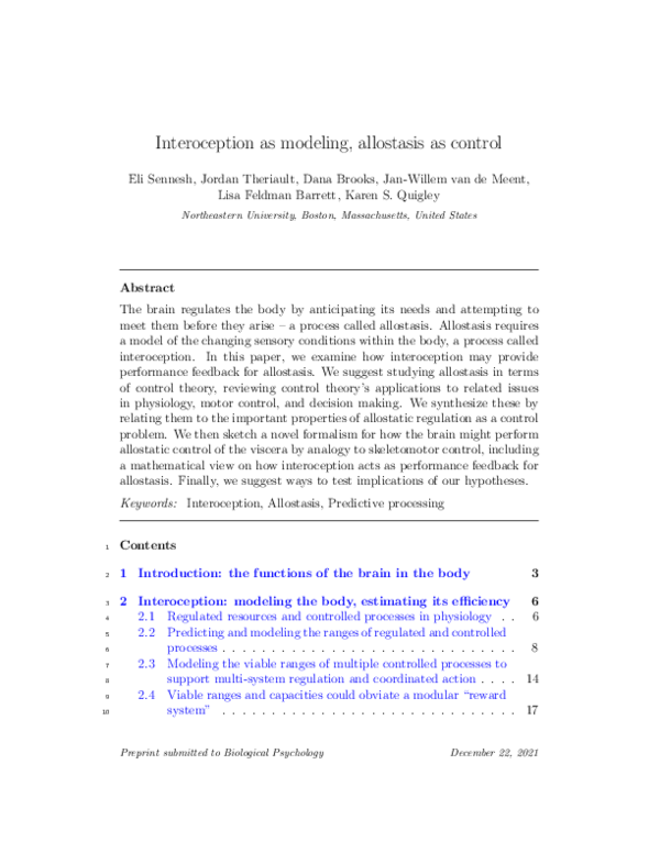 (PDF) Interoception as modeling, allostasis as control