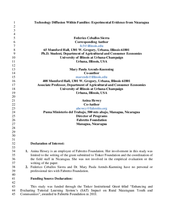 (PDF) Technology diffusion within families: experimental evidence from Nicaragua | Mary Arends ...
