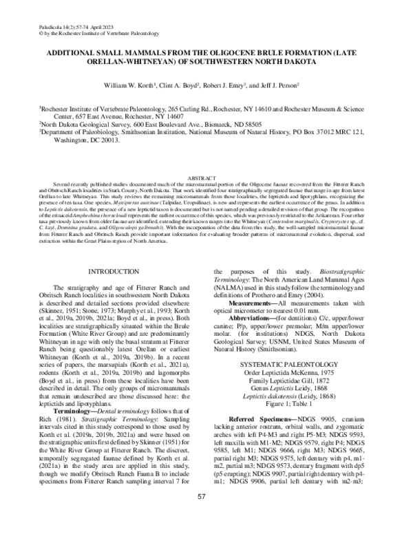 (PDF) ADDITIONAL SMALL MAMMALS FROM THE OLIGOCENE BRULE FORMATION (LATE ...