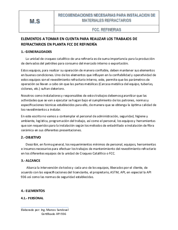 (PDF) ELEMENTOS A TOMAR EN CUENTA PARA REALIZAR LOS TRABAJOS DE REFRACTARIOS EN PLANTA FCC DE ...