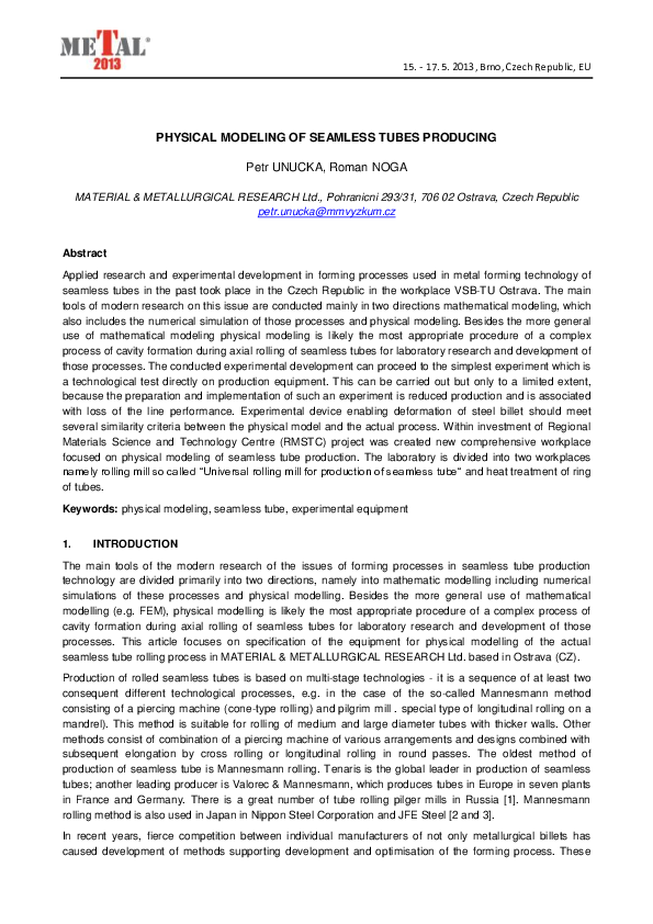 (PDF) Physical Modeling of Seamless Tubes Producing