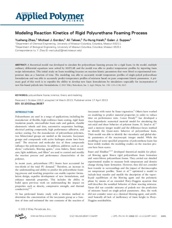 (PDF) Modeling reaction kinetics of rigid polyurethane foaming process
