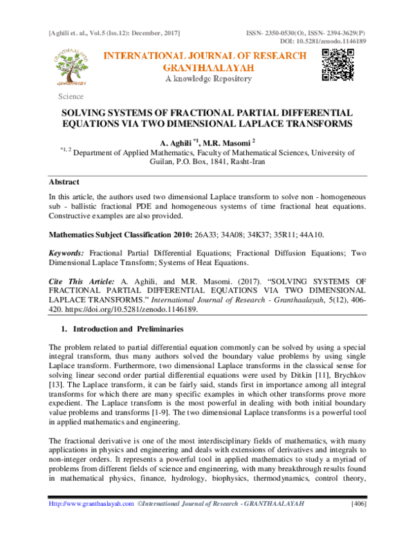 Pdf Solving Systems Of Fractional Partial Differential Equations Via Two Dimensional Laplace