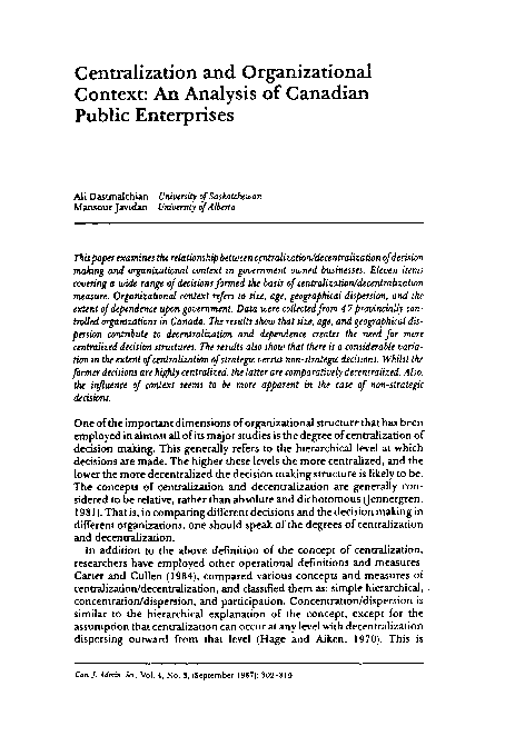 (PDF) Centralization and Organizational Context: An Analysis of Canadian Public Enterprises
