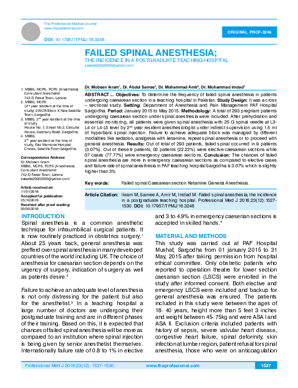 (PDF) Failed Spinal Anesthesia; the Incidence in a Postgraduate ...