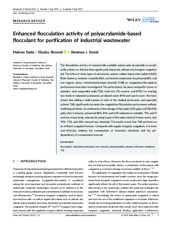 (PDF) Enhanced flocculation activity of polyacrylamide‐based flocculant ...