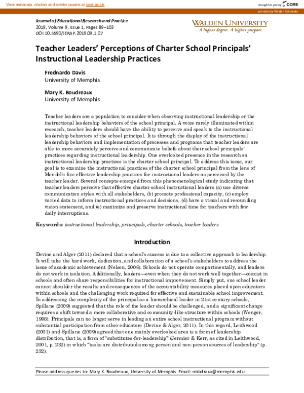 (PDF) Teacher Leaders' Perceptions of Charter School Principals' Instructional Leadership Practices
