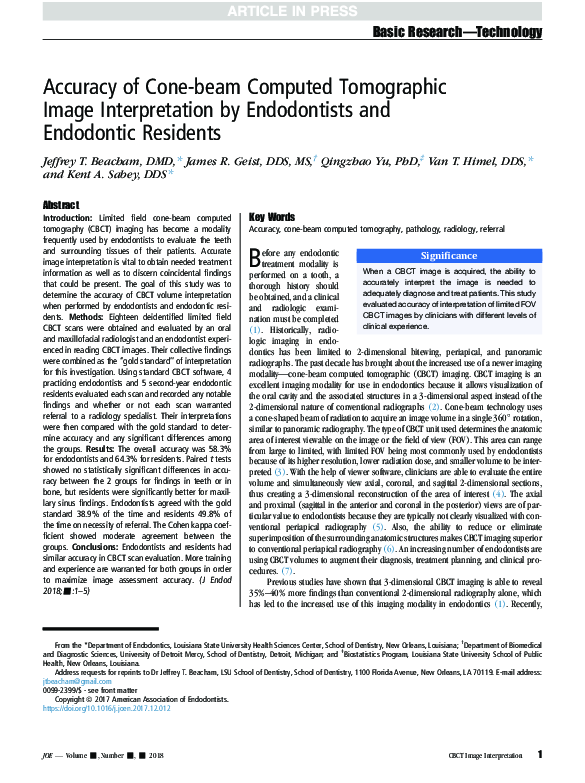 (PDF) Accuracy of Cone-beam Computed Tomographic Image Interpretation by Endodontists and ...