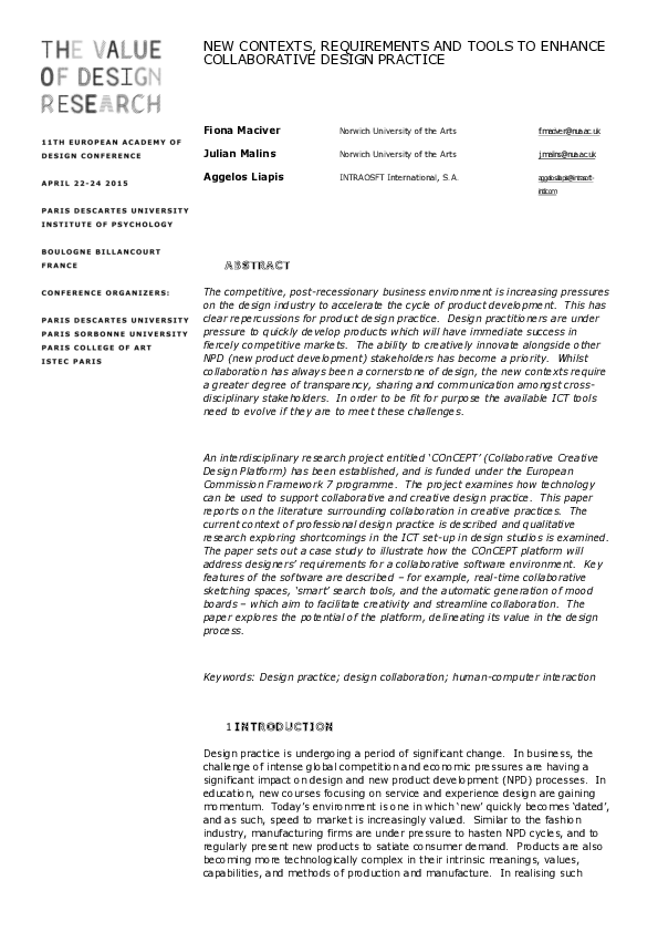 (PDF) New Contexts, Requirements And Tools To Enhance Collaborative Design Practice